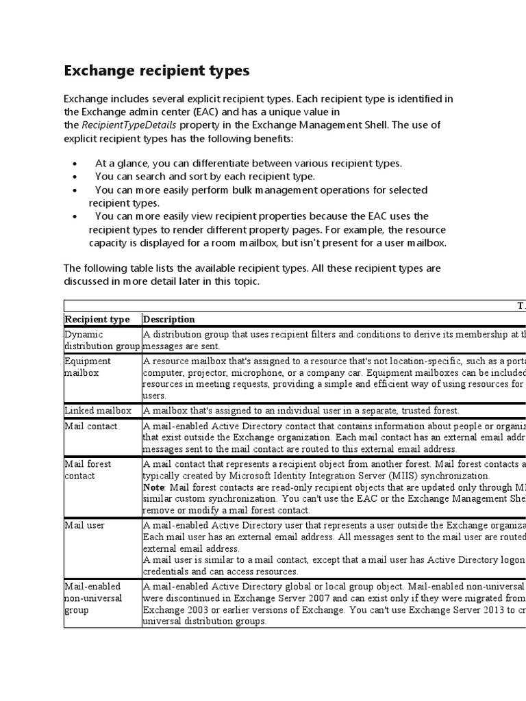 Overview of Exchange Recipient Types | PDF | Active Directory | Email ...