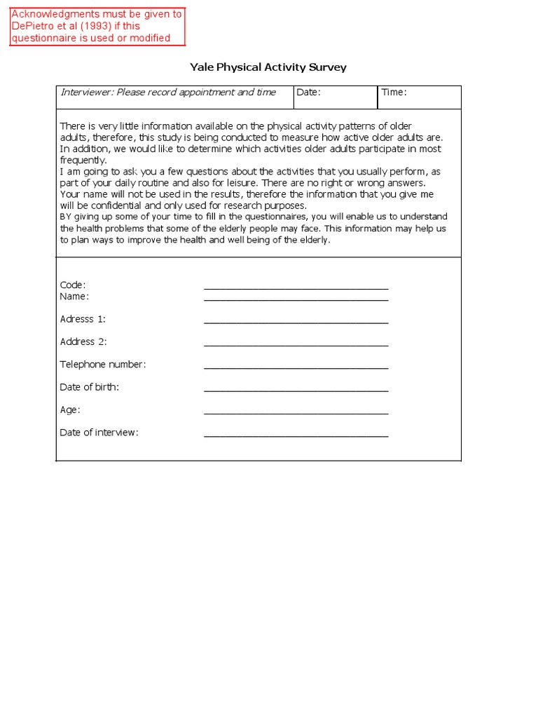 Yale Physical Activity Survey | PDF | Questionnaire | Survey Methodology