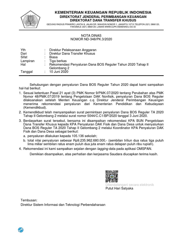 Nota Dinas Kemenkeu Tentang Dana BOS Tahap 2 Gelombang 2 | PDF