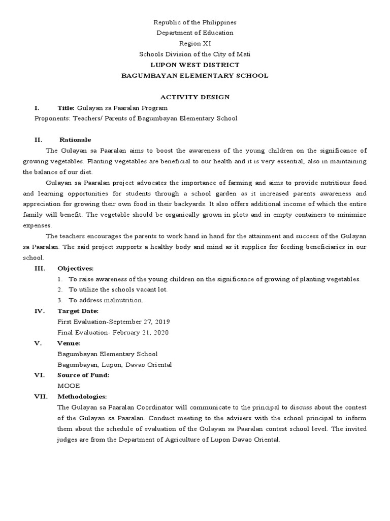Activity Design Gulayan Sa Paaralan 2019-2020 | PDF | Behavior ...