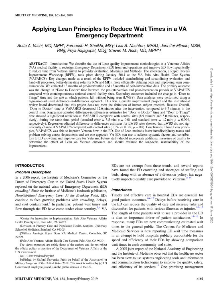 Applying Lean Principles To Reduce Wait Times in A VA Emergency ...