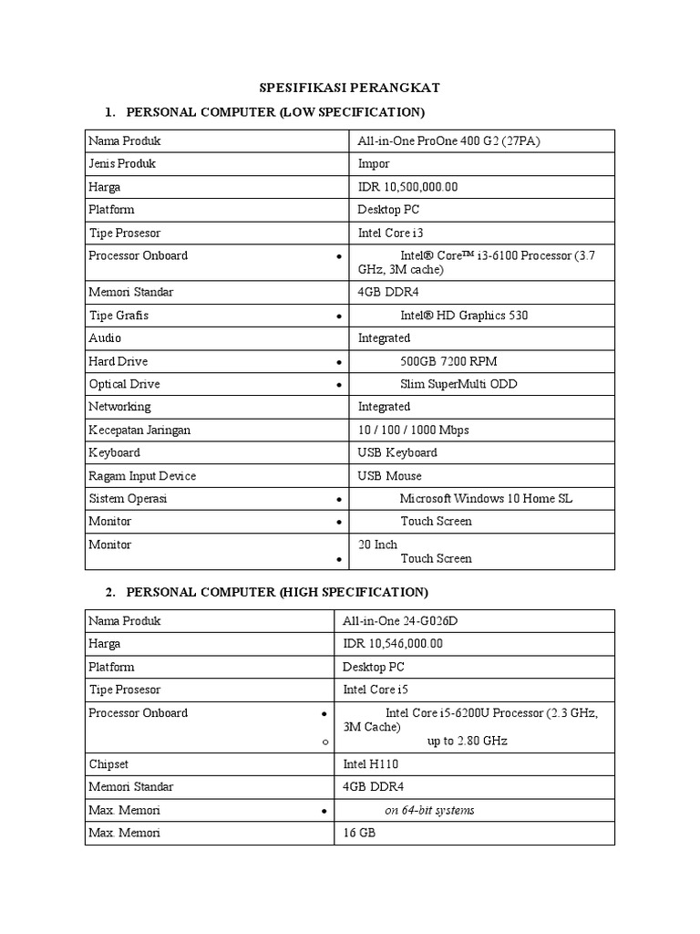 Spesifikasi Perangkat: 1. Personal Computer (Low Specification) | PDF ...