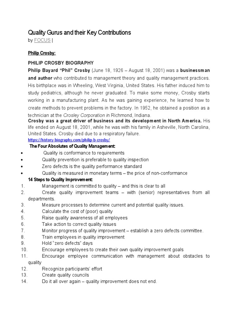 Quality Gurus and Their Key Contributions | PDF | Business