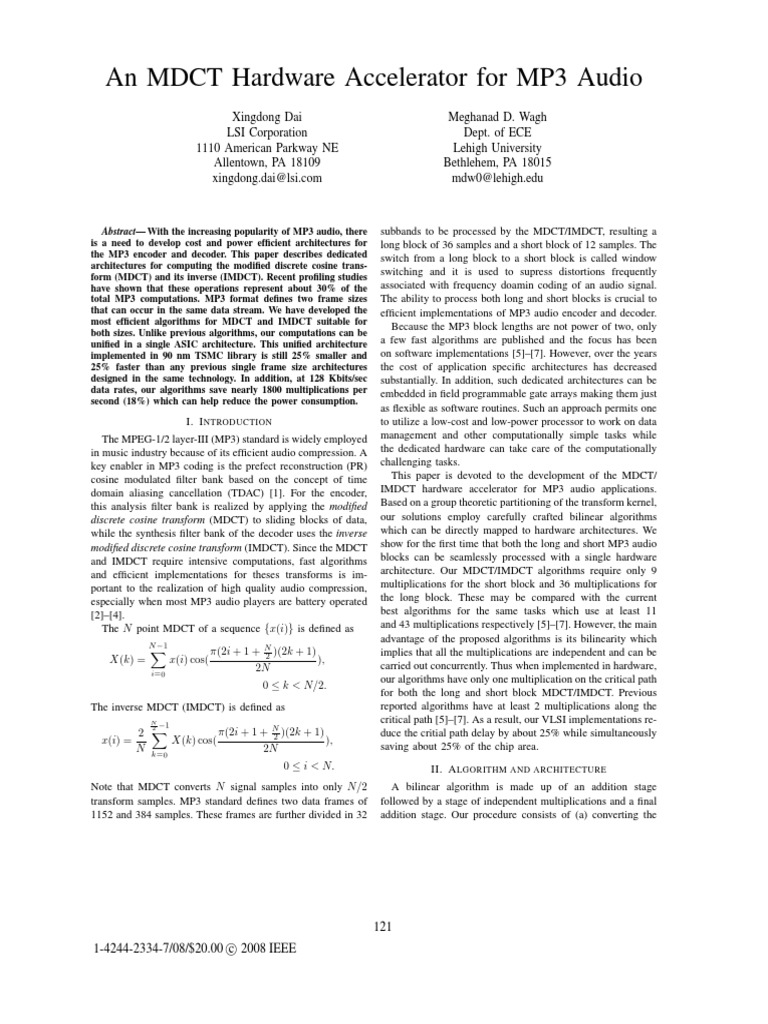 An MDCT Hardware Accelerator For MP3 Audio | PDF | Data Compression | Mp3