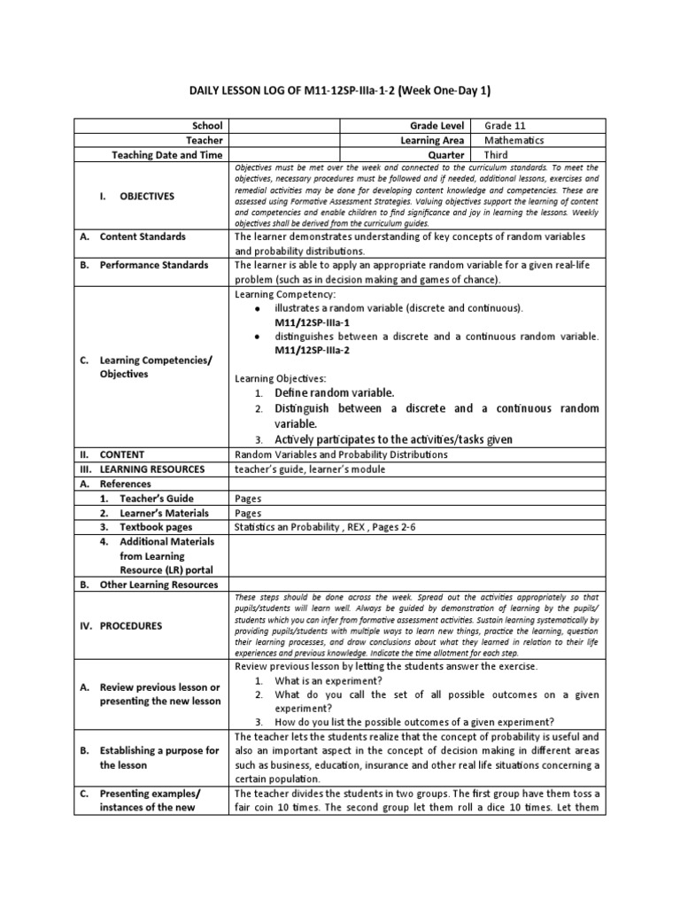 Understanding Random Variables: A Detailed Lesson Plan on ...