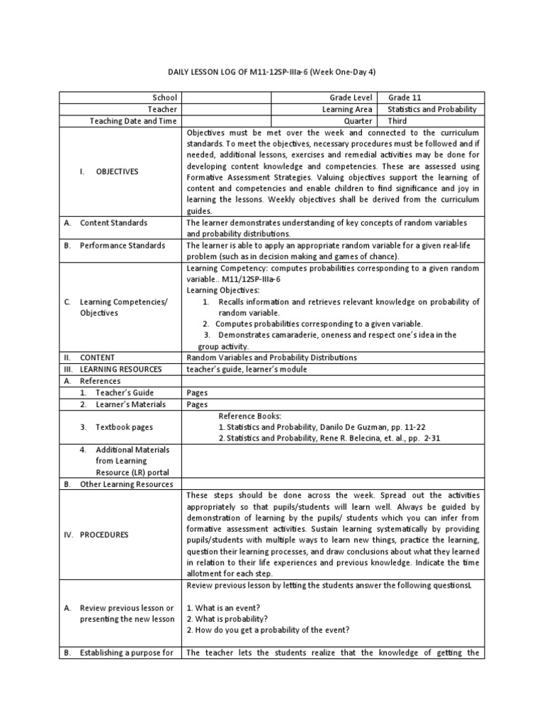 Quarter 3 Statistics Lesson Plan | PDF | Learning | Probability