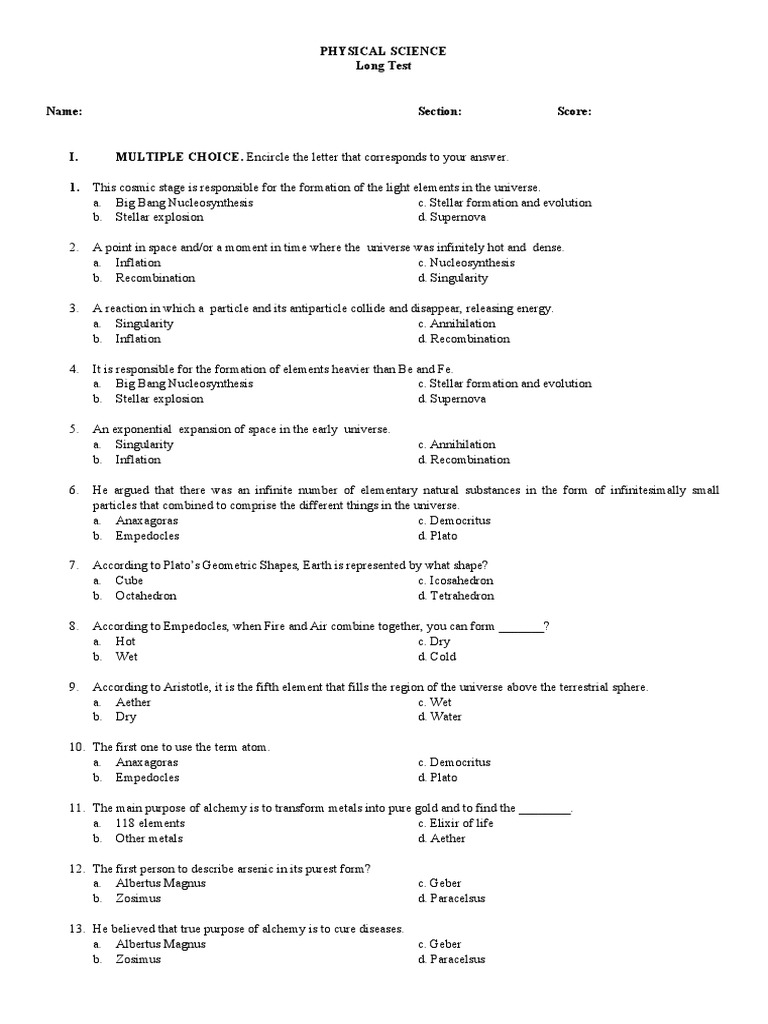 Physical Science Long Test Questions | PDF | Atoms | Atomic Nucleus