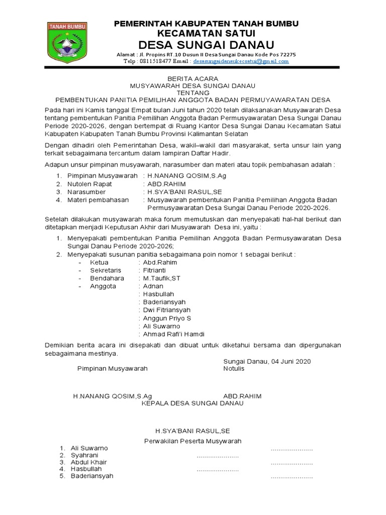 Berita Acara Pembentukan Panitia Pemilihan BPD Tahun 2020 | PDF