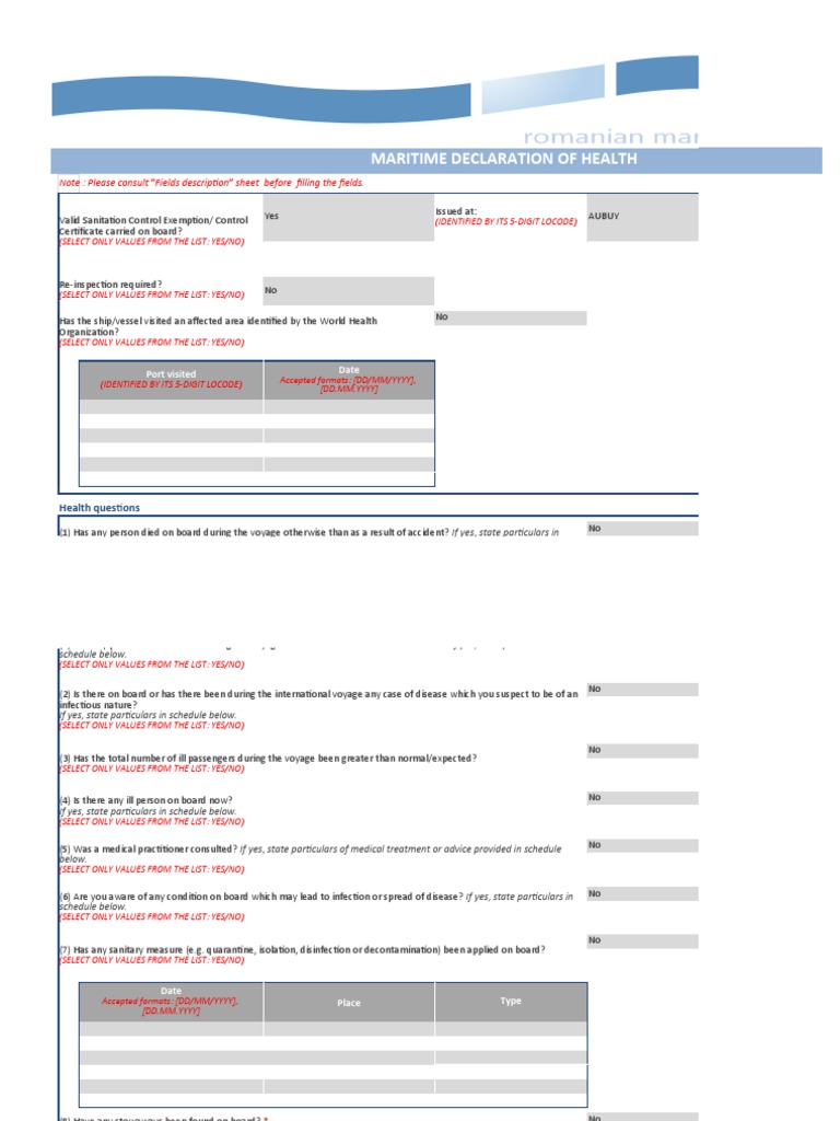 Maritime Declaration of Health: Note: Please Consult "Fields ...