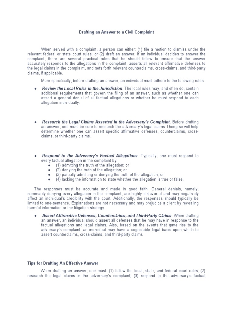Drafting An Answer To A Civil Complaint | PDF | Negligence | Cause Of ...