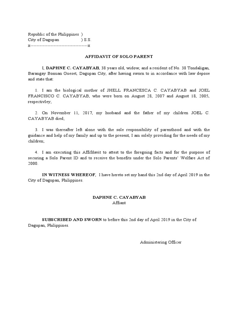 Affidavit Solo Parent | PDF