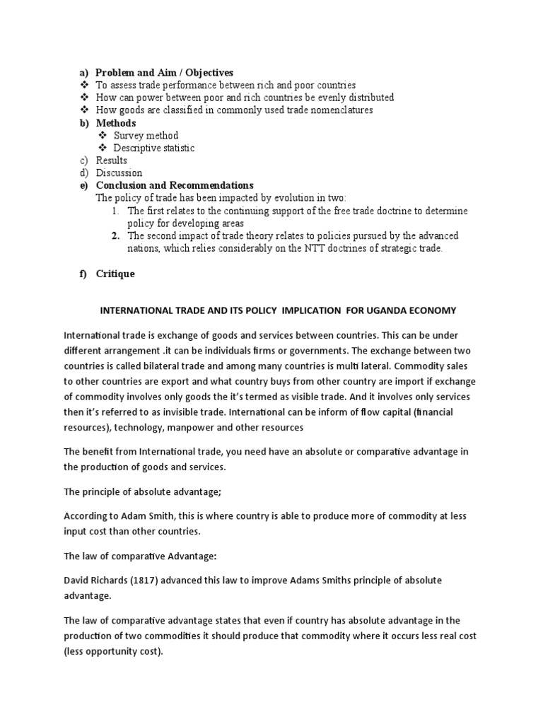 INTERNATIONAL TRADE AND ITS IMPLICATION FOR UGANDA ECONOMY Assignment ...
