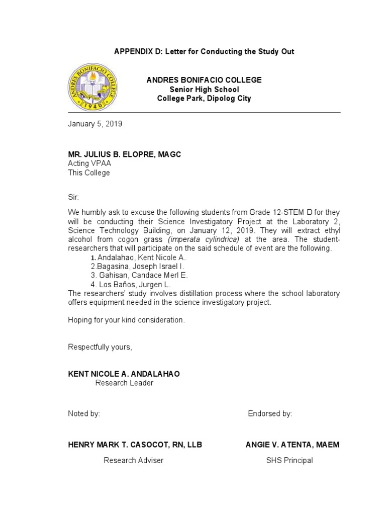 APPENDIX D: Letter For Conducting The Study Out | PDF