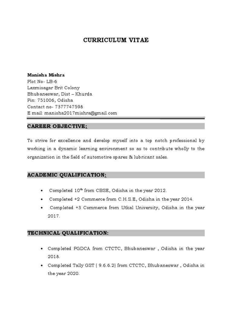 Curriculum Vitae of Manisha Mishra | PDF
