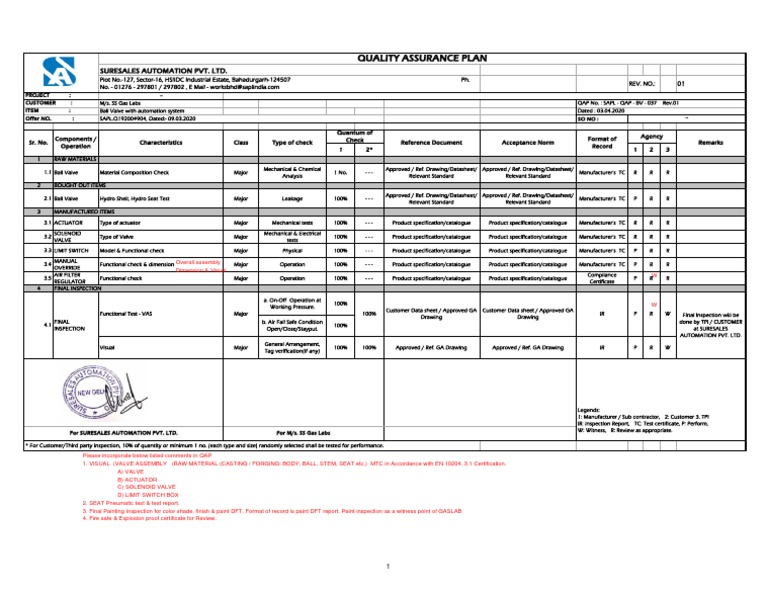 Auto On Off Ball Valve Suresales - Commented - QAP - REV-01 | PDF | Valve | Specification ...