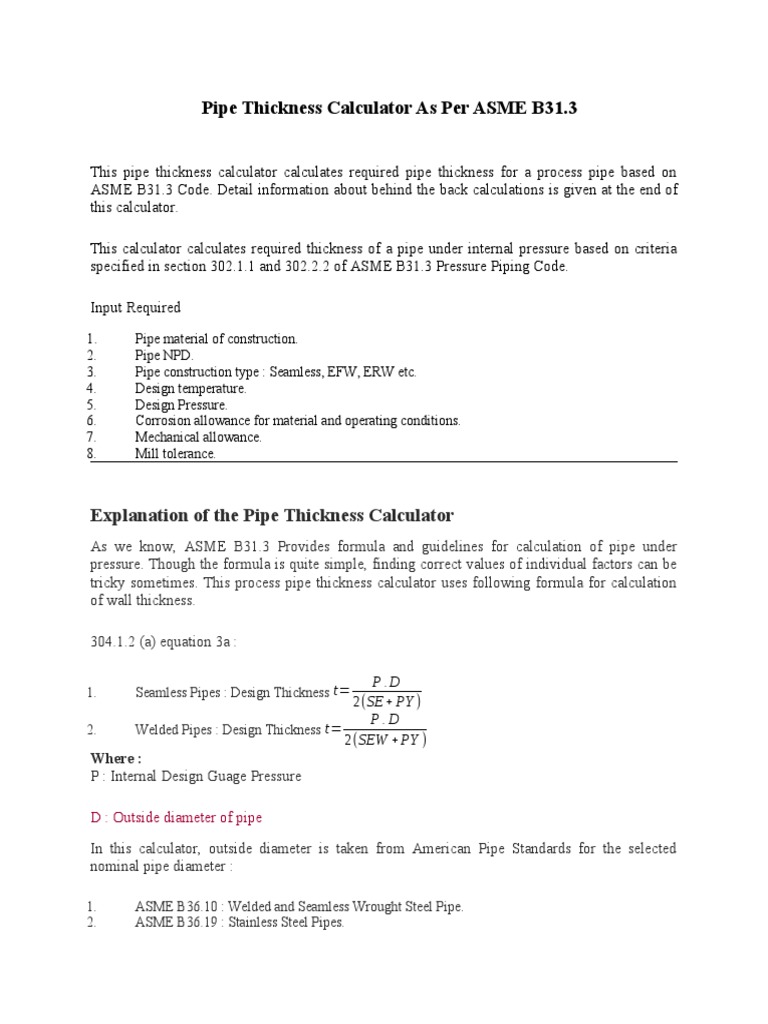 Pipe Thickness Calculator As Per ASME B31.3 | Download Free PDF | Pipe (Fluid Conveyance) | Welding