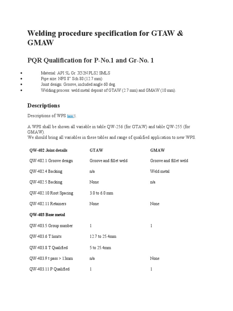 Welding Procedure Specification For GTAW & GMAW | PDF | Chemical ...