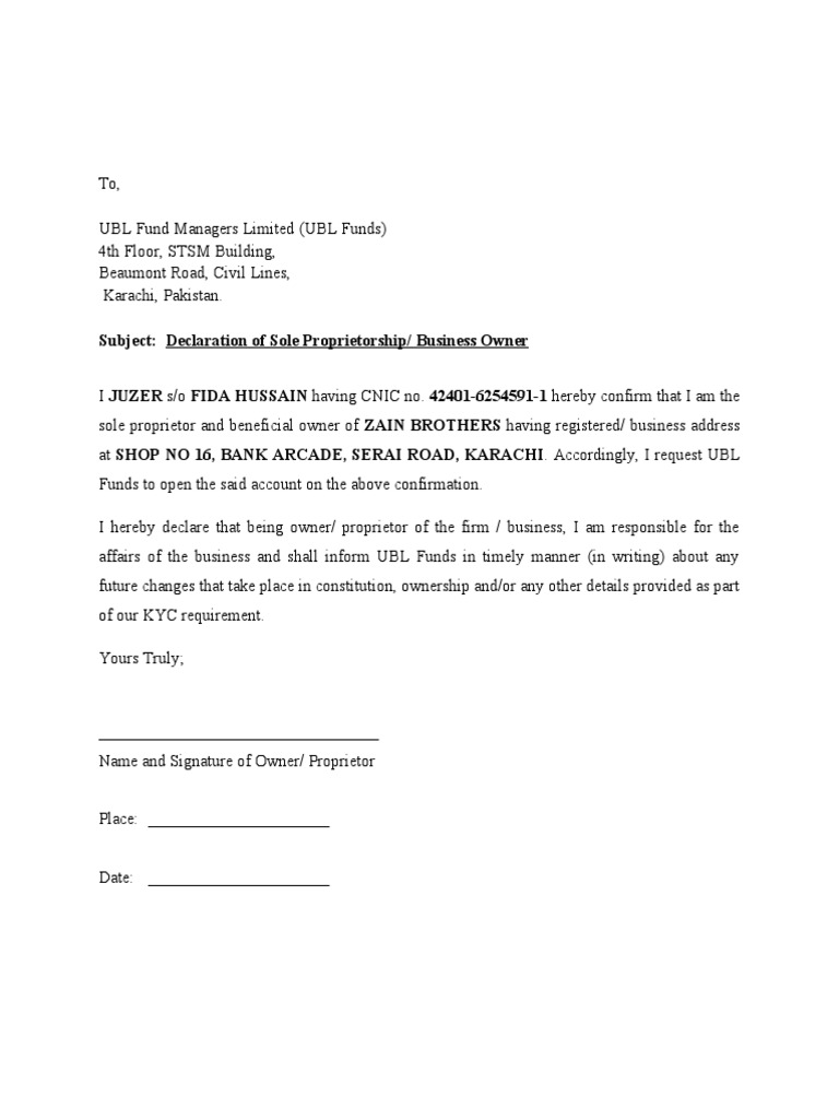 Declaration - Sole Properietorship | PDF