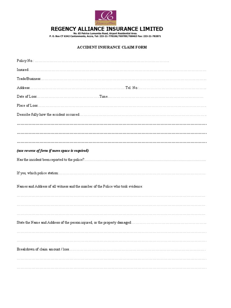 Accident Insurance Claim Form Template | PDF | Government | Business