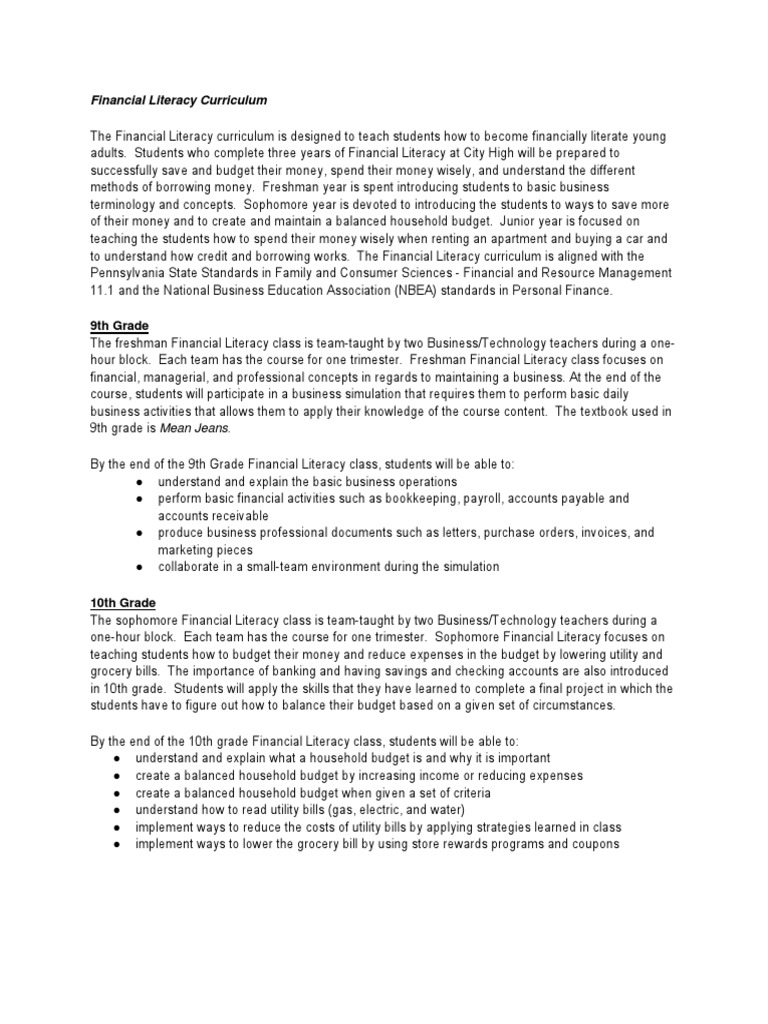 Financial Literacy Curriculum Guide | PDF | Financial Literacy | Interest
