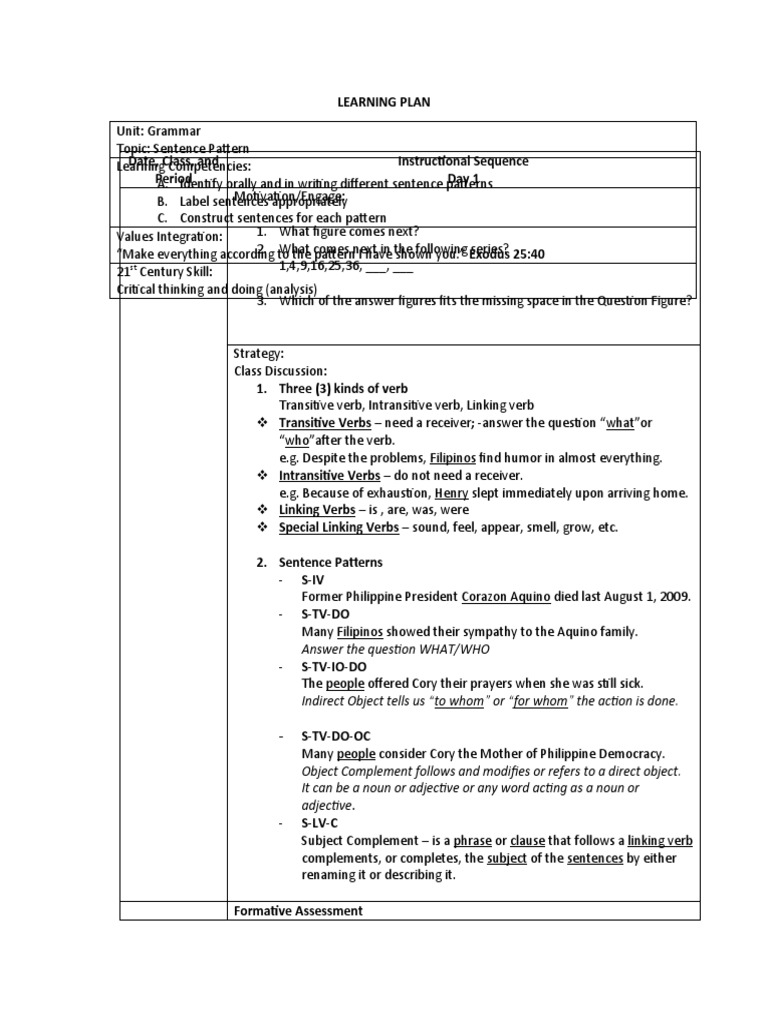 Grammar Learning Plan: Sentence Patterns | PDF | Verb | Sentence ...