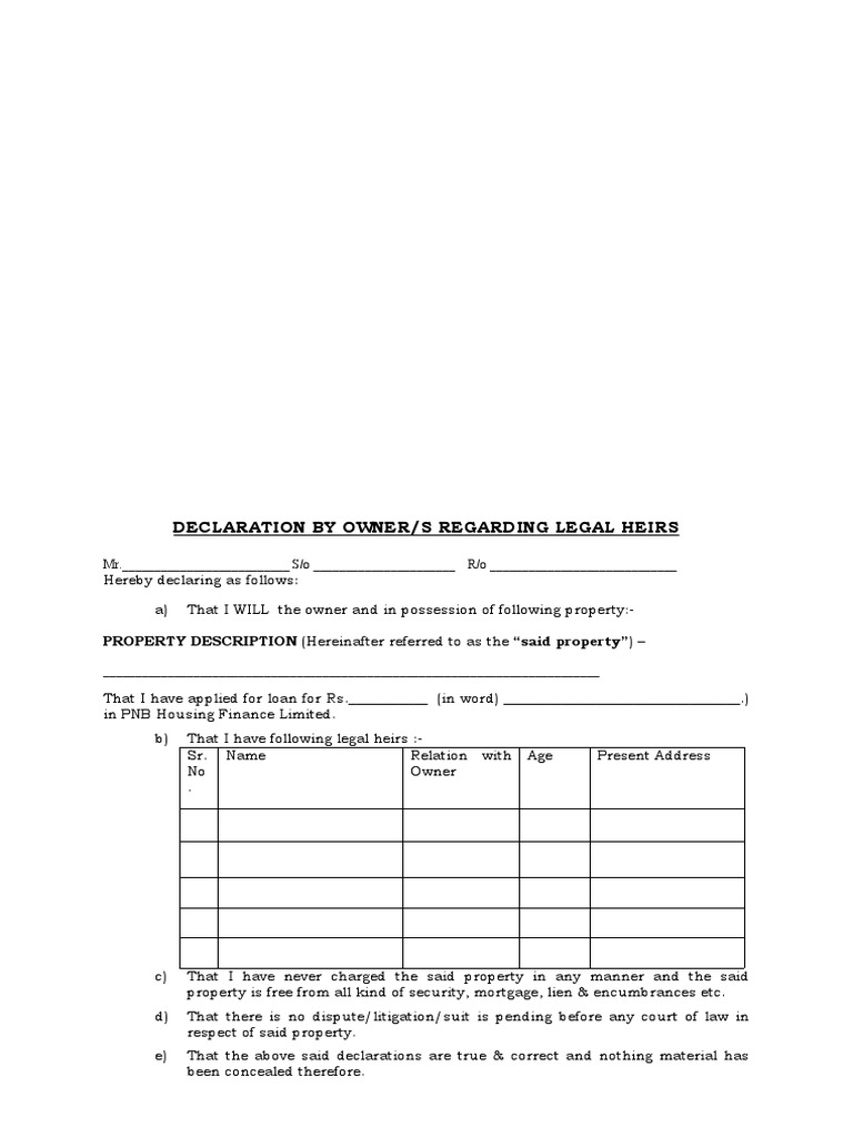 Declaration by Owner/S Regarding Legal Heirs: PROPERTY DESCRIPTION ...