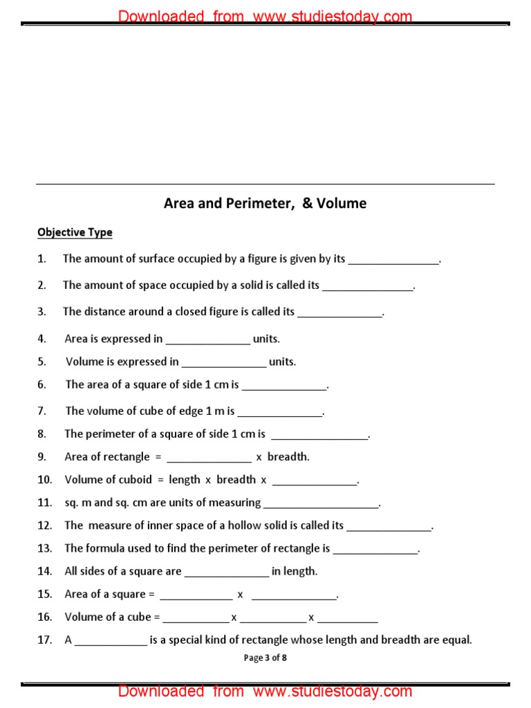 CBSE Class 5 Mathematics Worksheet - Area and Perimeter | PDF | Area ...