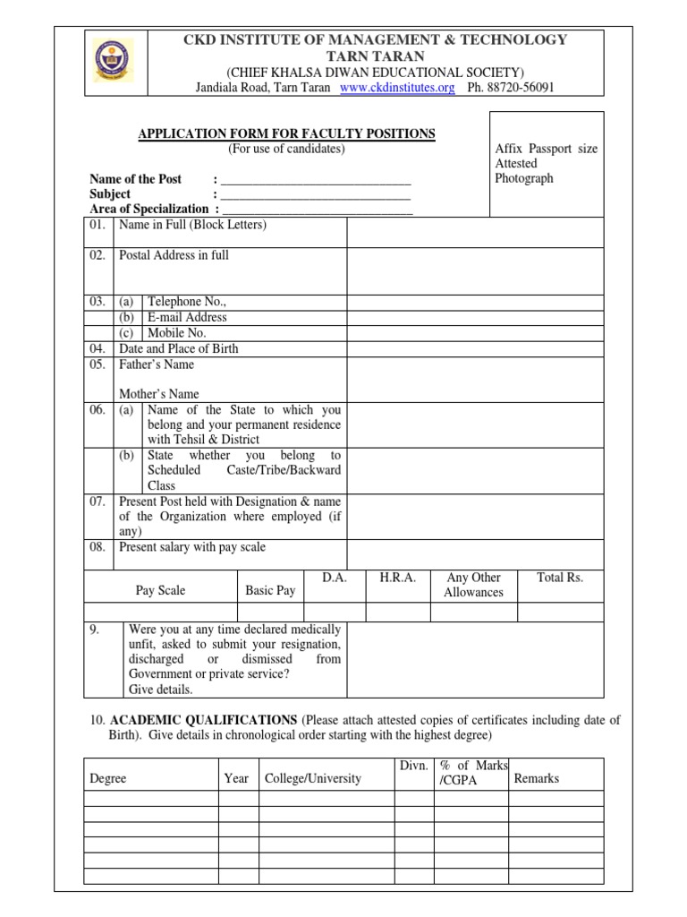 CKD IMT Job Application Proforma | PDF | Academia | Learning