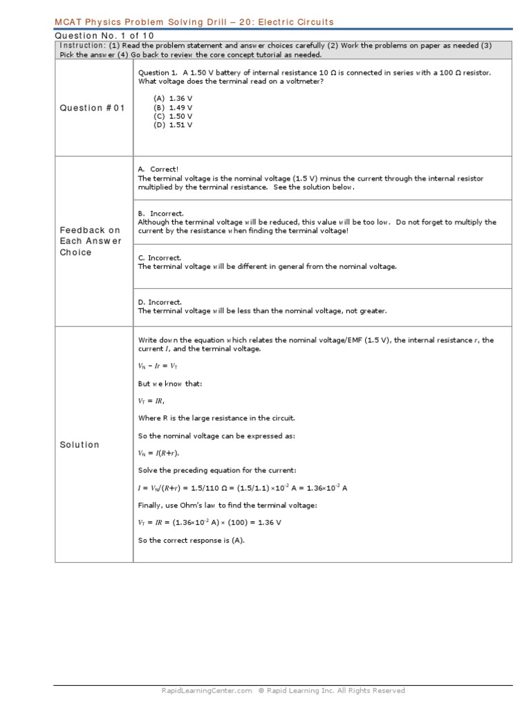 Question No. 1 of 10: MCAT Physics Problem Solving Drill - 20: Electric ...
