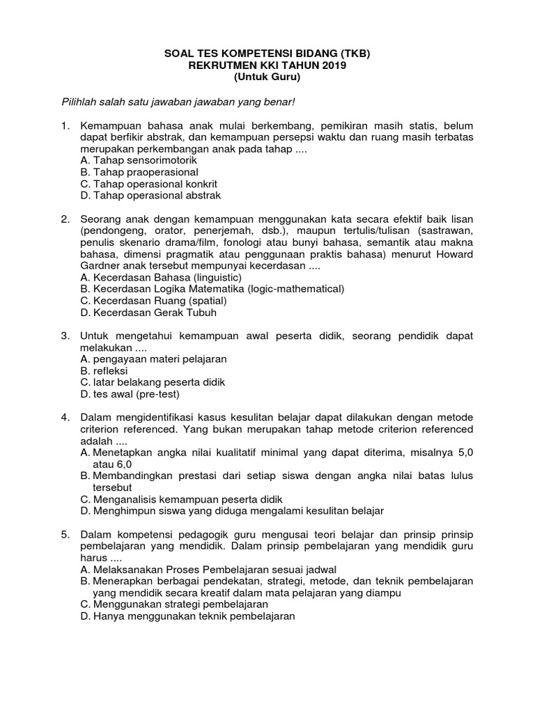 Soal Tes TKB untuk Guru KKI 2019 | PDF