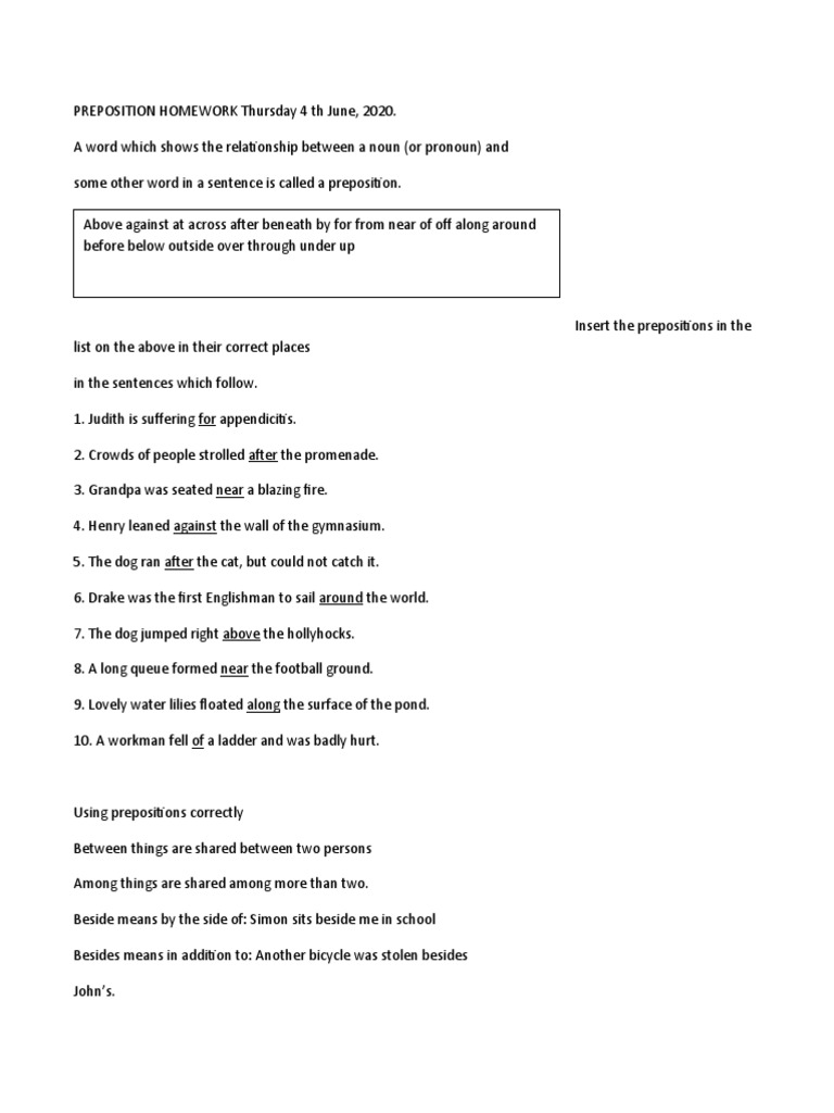 Preposition Homework