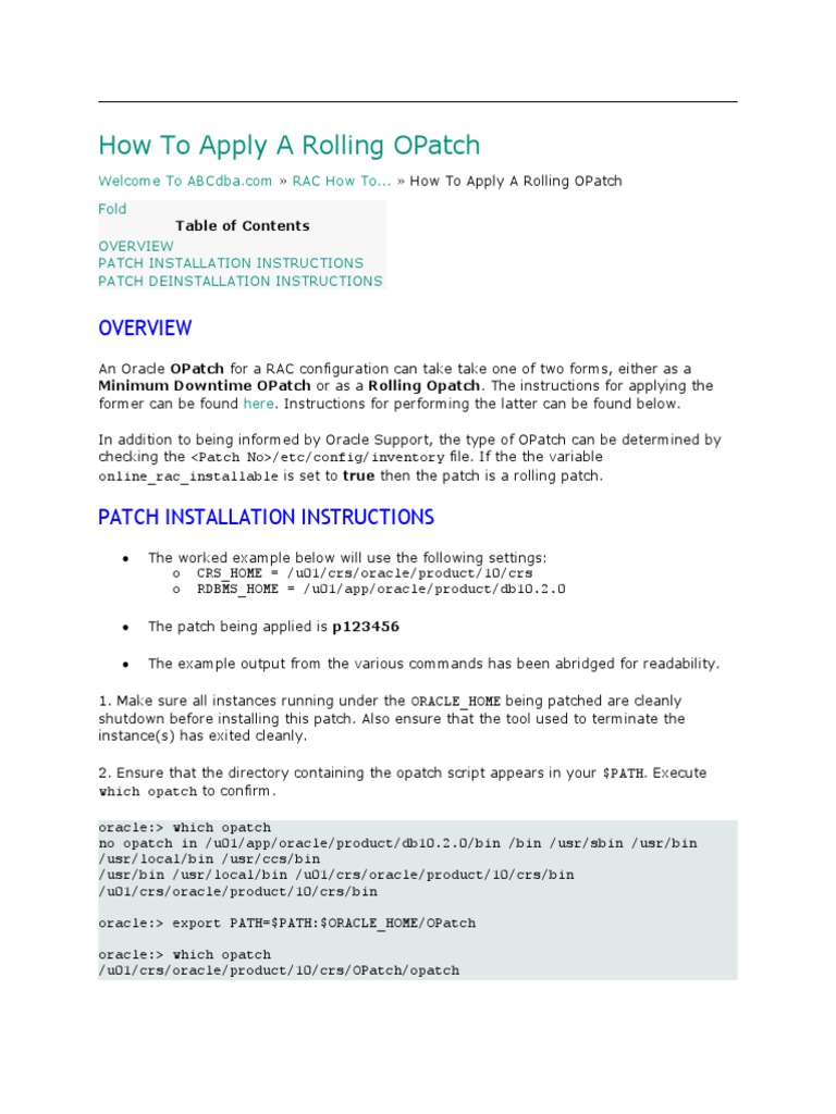 How To Apply A Rolling Opatch: Rac How To... Fold Patch Installation ...