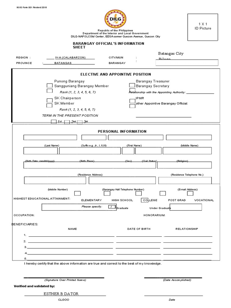 Barangay Official's Information Sheet | PDF | Government | Politics