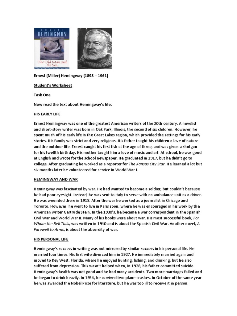Ernest (Miller) Hemingway (1898 - 1961) Student's Worksheet Task One ...