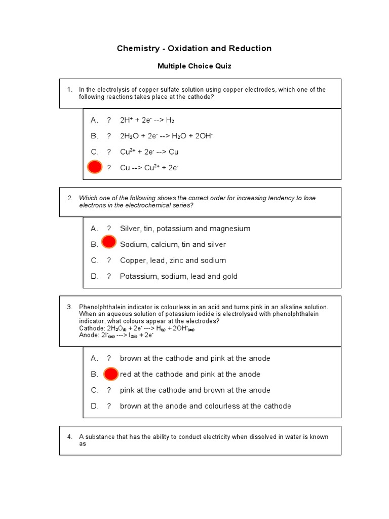 Chemistry - Oxidation and Reduction: Multiple Choice Quiz | PDF