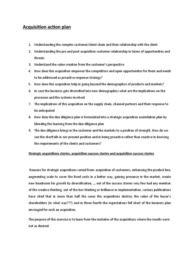 Acquisition Action Plan | PDF | Mergers And Acquisitions | Strategic ...