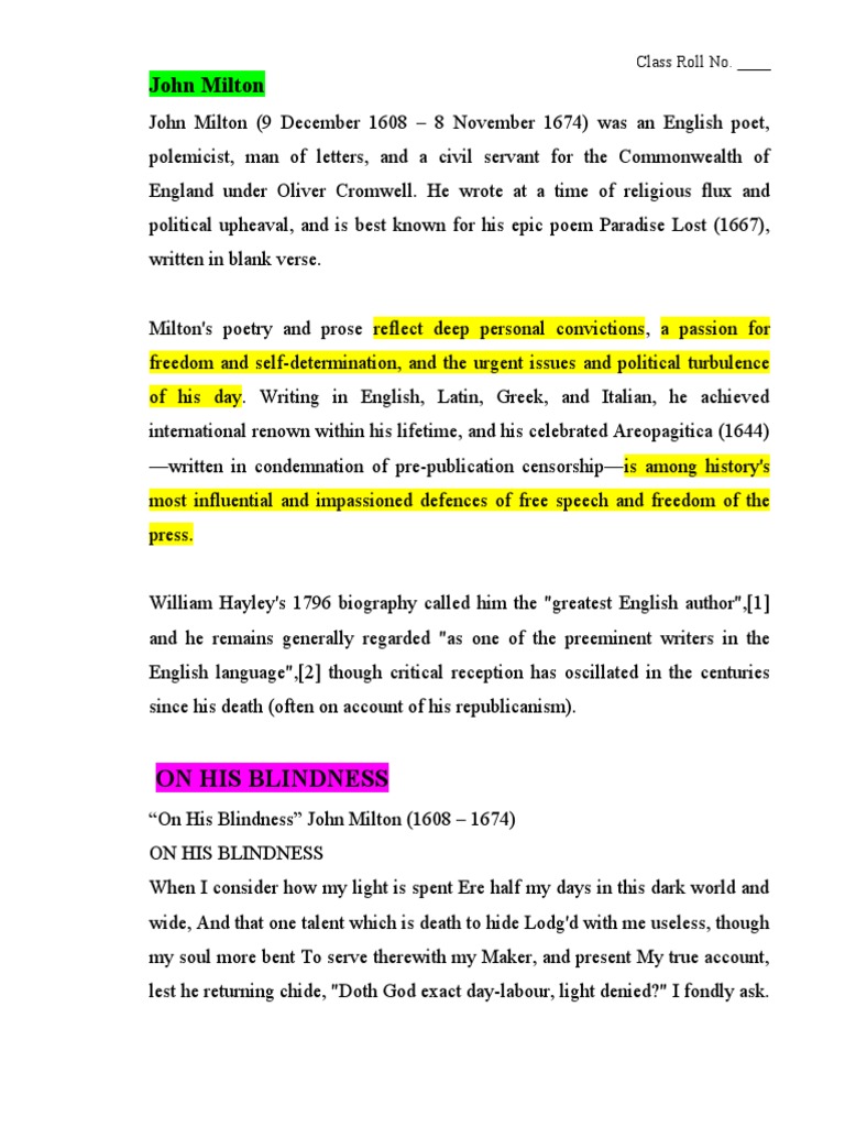 On His Blindness | PDF | Sonnets | Poetry