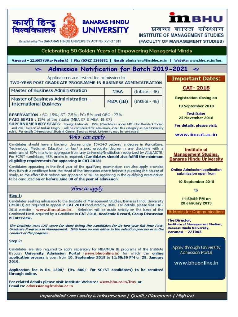 MBA MBA-IB IM BHU Advt19-21 | PDF | University And College Admission ...