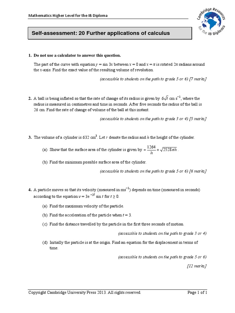 20 Further Applications of Calculus Self-Assessment | Download Free PDF ...
