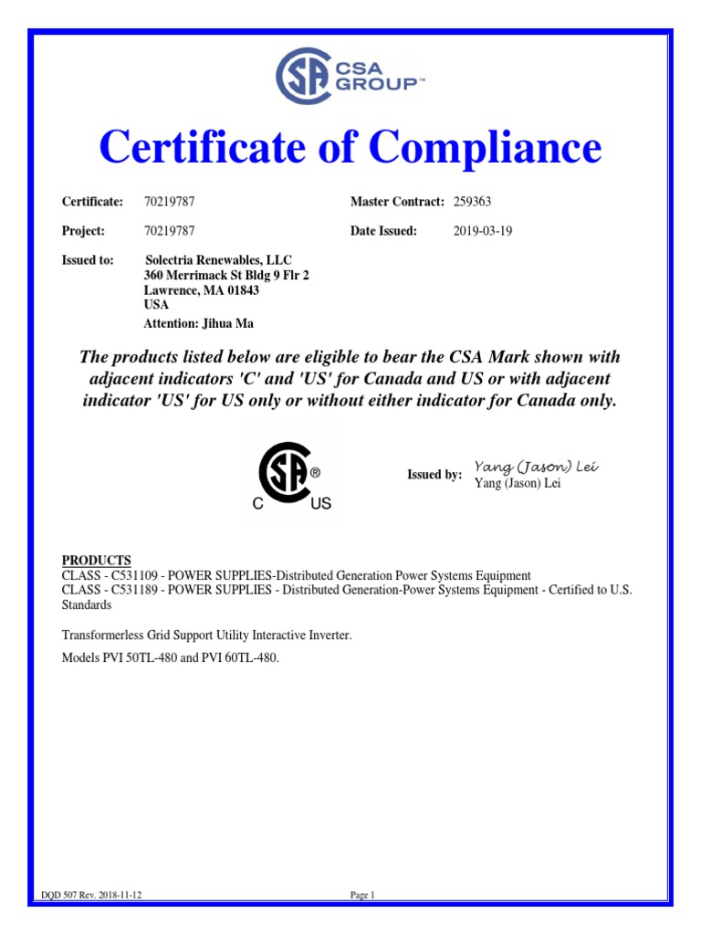 Yaskawa Solectria Solar Pvi 50 60tl-480 Coc Cert | PDF
