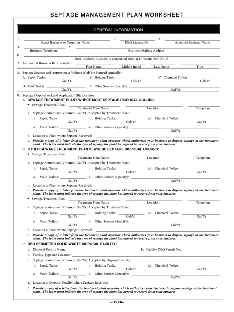 Septage Management Plan Worksheet: General Information | PDF | Sewage ...