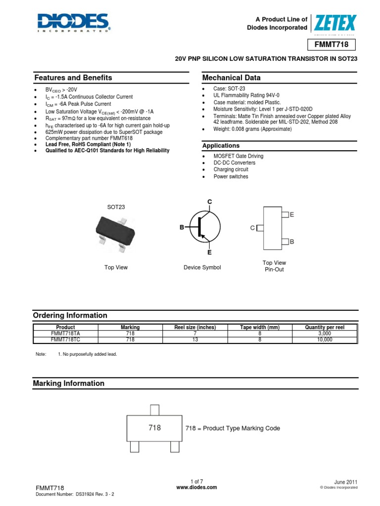 FMMT718: A Product Line of Diodes Incorporated | PDF | Transistor ...