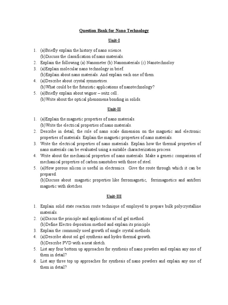 Question Bank For Nano Technology | PDF | Nanotechnology | Nanomaterials