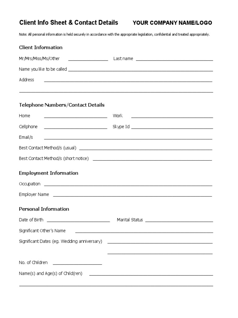 Client Info Sheet & Contact Details | PDF | Career & Growth