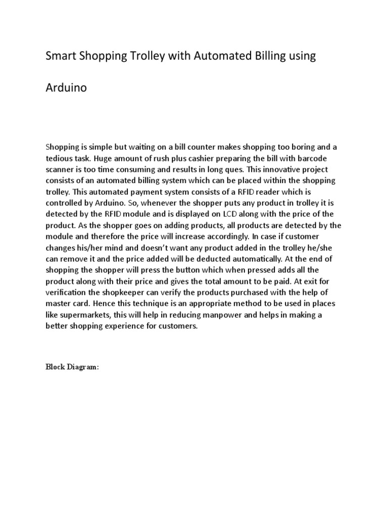 Smart Shopping Trolley With Automated Billing Using Arduino: Block ...