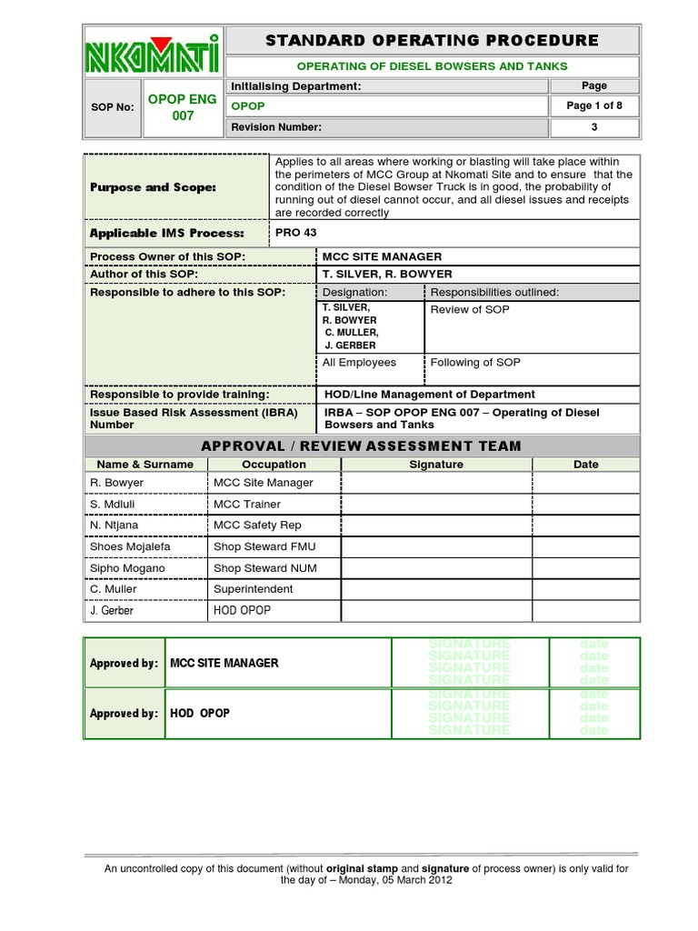 Sop OPOP Eng 007 - Operating Diesel Bowsers and Tanks | Download Free ...