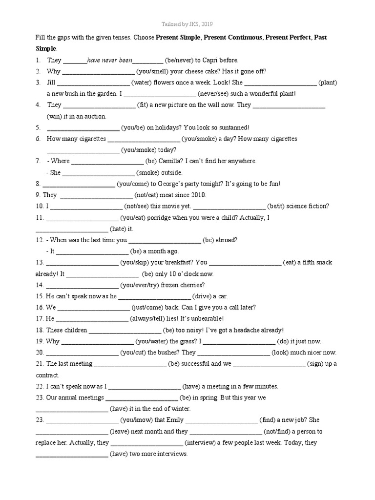 Present Simple Present Continuous Present Perfect Grammar Drills ...