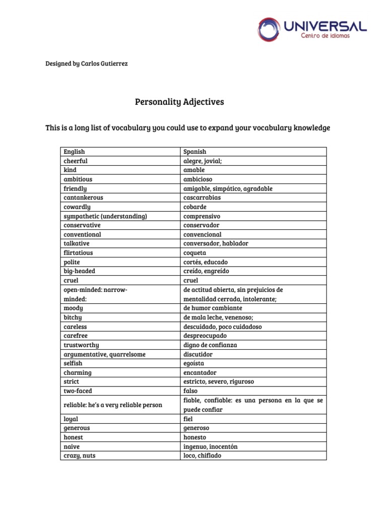 Adjetivos de Personalidad en Inglés y Español | PDF