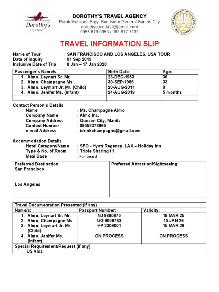 Travel Info Slip US Tour | PDF | Social Science | Law