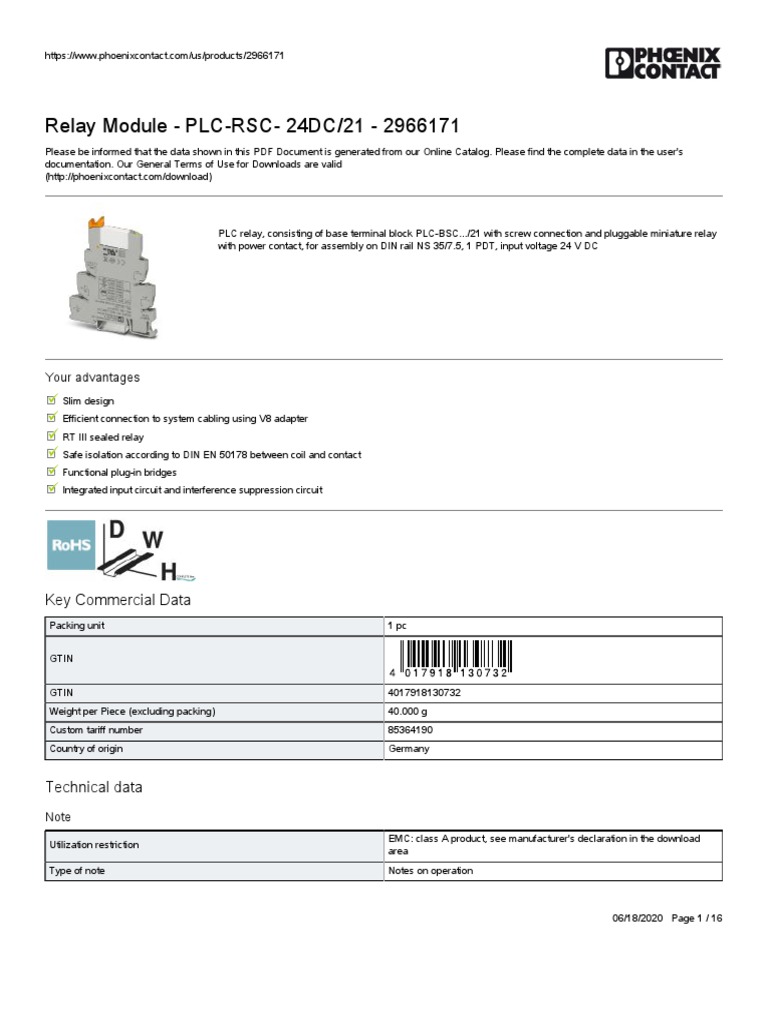 Relay Module - PLC-RSC-24DC/21 - 2966171: Key Commercial Data | PDF ...
